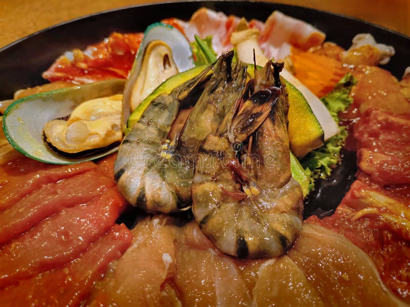 Raw Meat and Seafood for Asian-Style Barbecue Stock Image - Image of ...