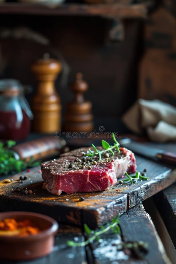 Raw Meat Steak on Dark Rustic Background Stock Photo - Image of filet ...