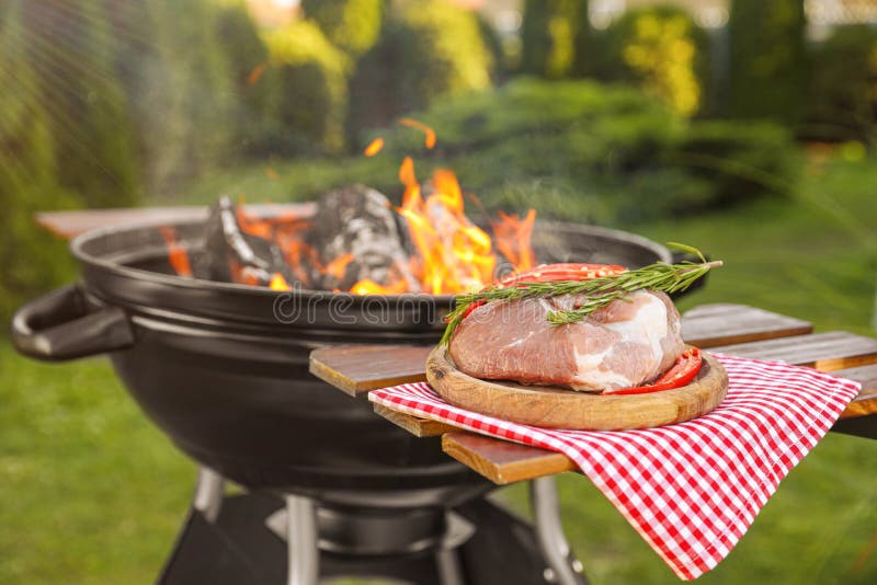 Raw Meat on Table Near Barbecue Grill Outdoors Stock Photo - Image of ...