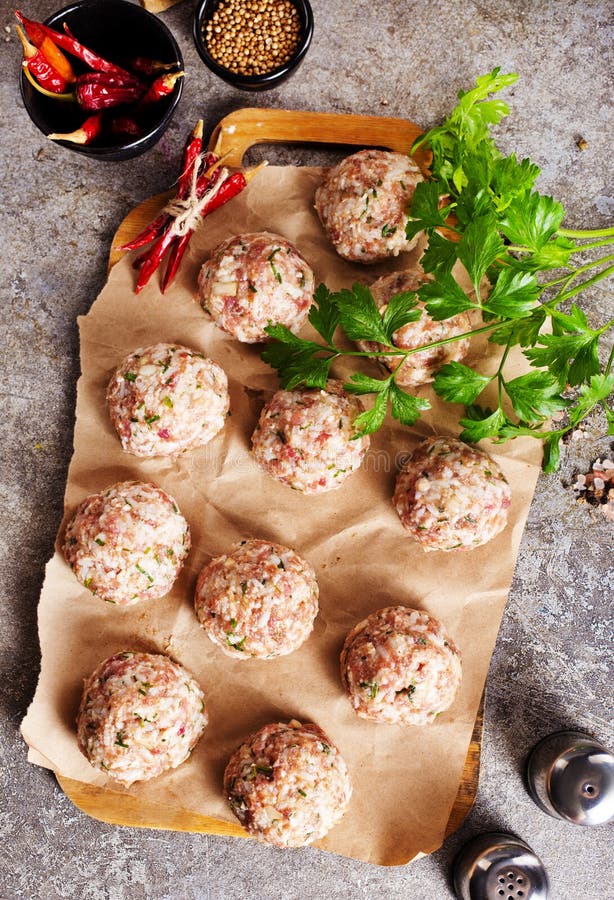Raw Meatball Over Beton Ready for Cooking Stock Photo - Image of heap ...
