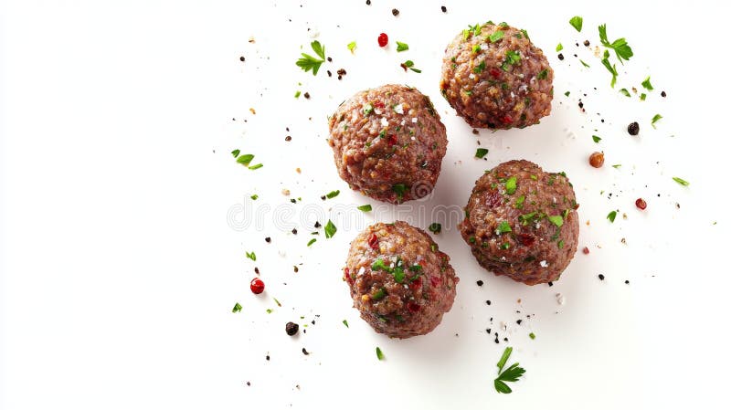 Raw Meatballs on White Background with Spices and Herbs Stock ...