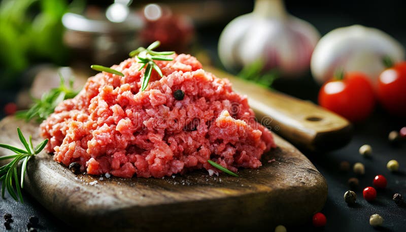 Raw Minced Beef Uncooked Meat Over Board Stock Photo - Image of organic ...