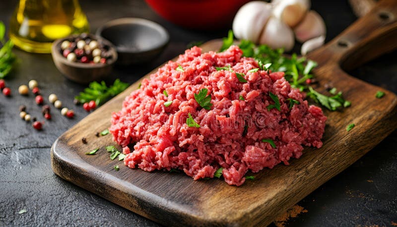 Raw Minced Beef Uncooked Meat Over Board Stock Image - Image of minced ...