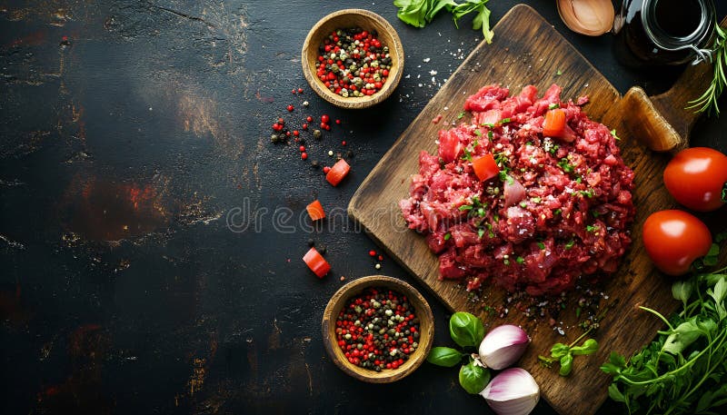 Raw Minced Beef Uncooked Meat Over Board Stock Image - Image of diet ...