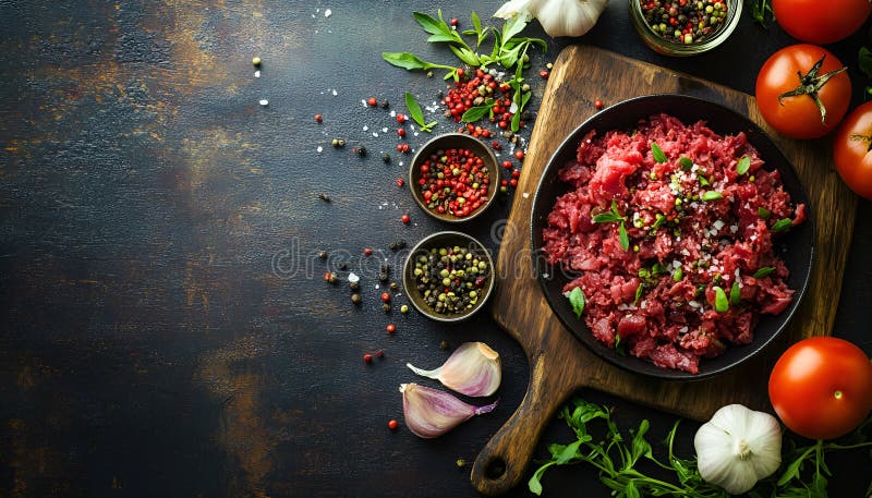 Raw Minced Beef Uncooked Meat Over Board Stock Image - Image of ...