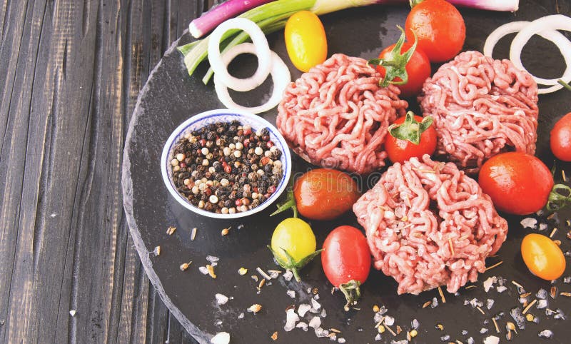 Raw Minced Meat, Vegetables with Salt and Spices, Selective Focus Stock ...