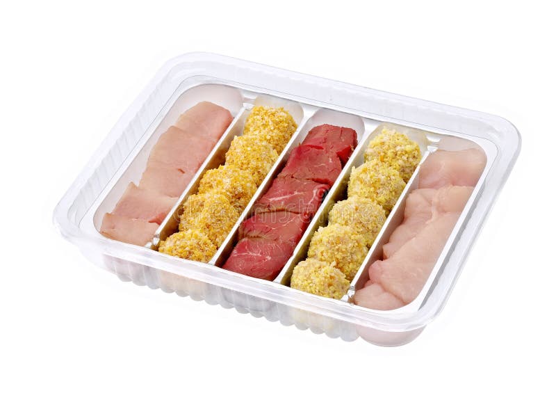 Raw Mini Meat Products in Plastic Tay Isolated on White Stock Photo ...