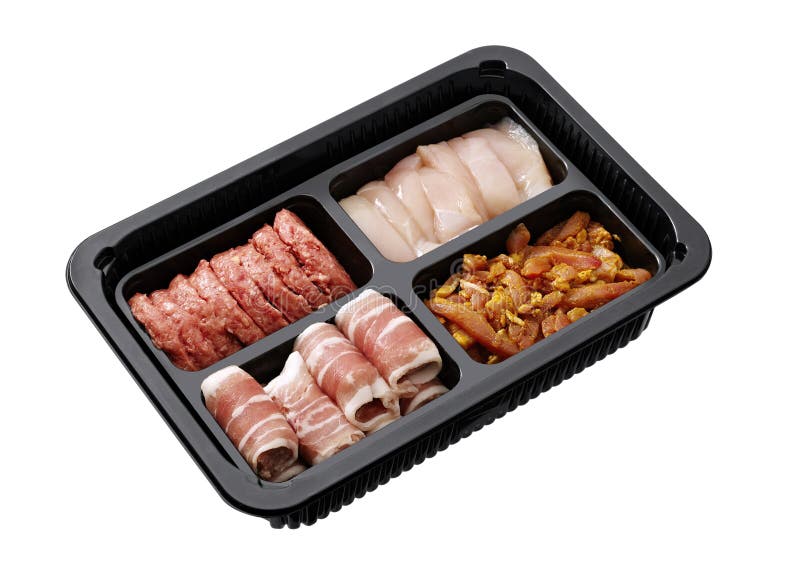 Raw Mini Meat Products in Plastic Tay Isolated on White Stock Image ...