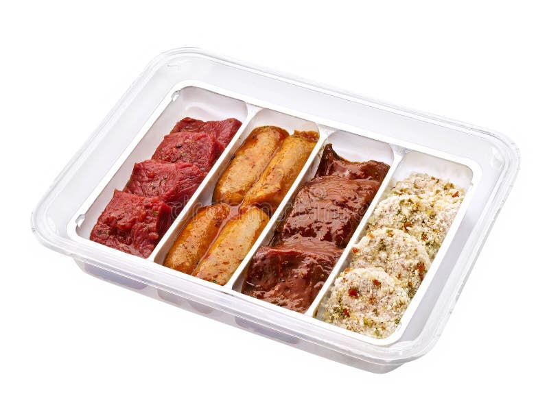 Raw Mini Meat Products in Plastic Tay Isolated on White Stock Image ...