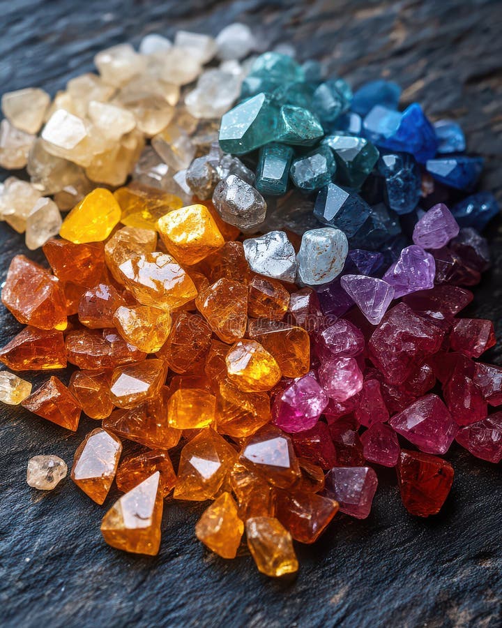 Raw Multicolored Gemstones in a Rainbow Gradient on Wood Surface Stock ...