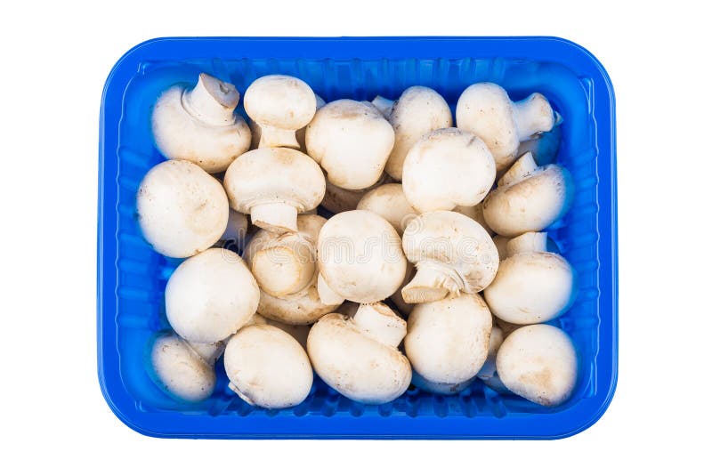 Raw Mushrooms in Blue Plastic Container Isolated on White Background ...