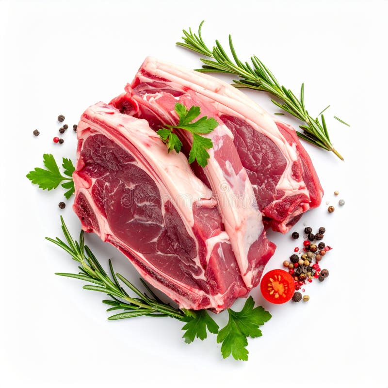Raw Mutton Cuts in Gourmet Presentation with Herbs Stock Illustration ...