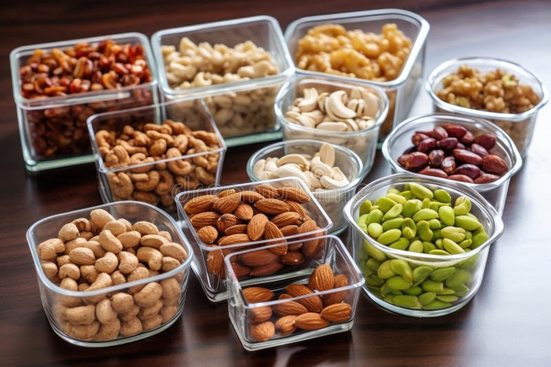 Raw Nuts Portioned Out in Small Containers on a Table Stock Photo ...