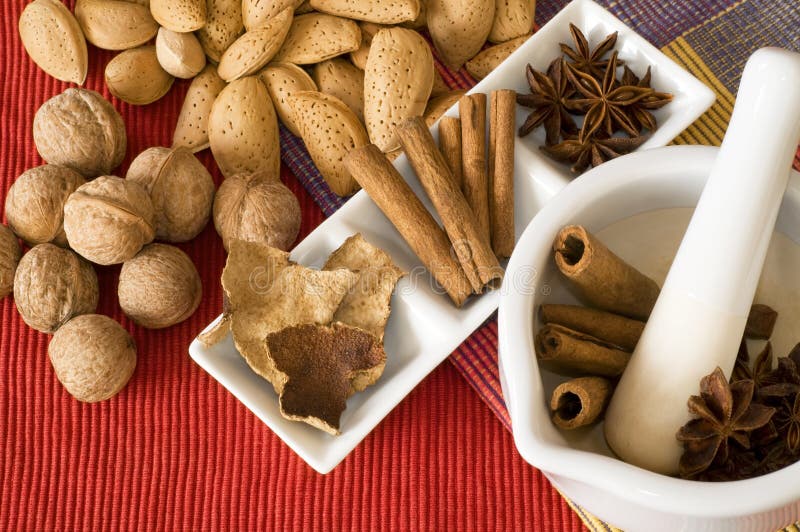 Raw Nuts and Spices on Kitchen Table. Stock Image - Image of holistic ...