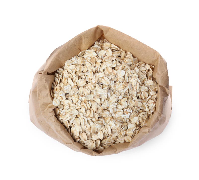 Raw Oatmeal in Paper Bag Isolated on White, Top View Stock Photo ...