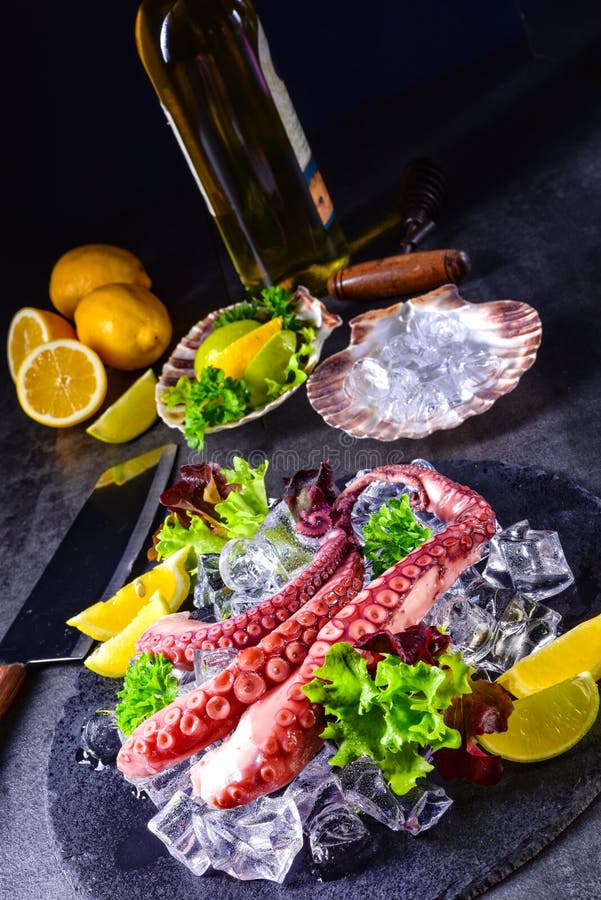 Raw octopus on the ice stock photo. Image of ingredient - 114343980