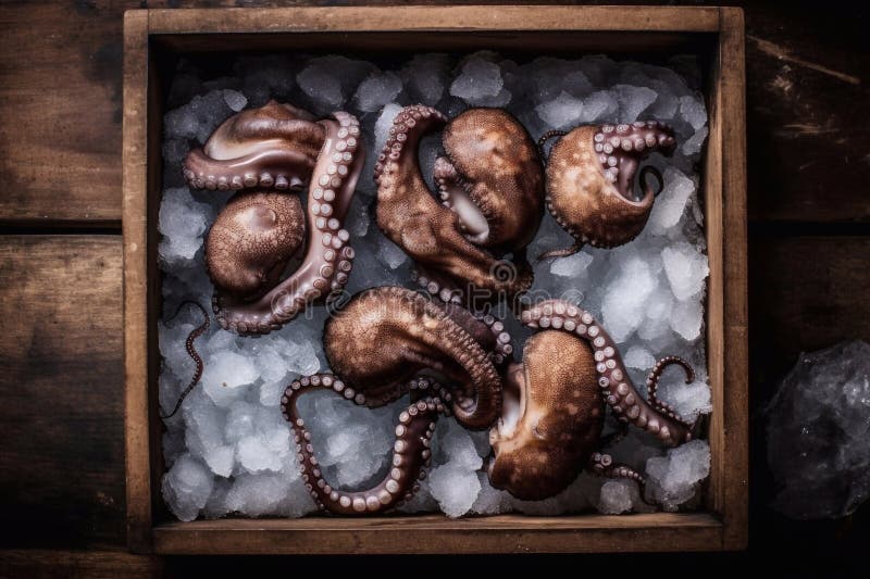 Raw Octopuses in a Box in Ice. Fresh Seafood Stock Illustration ...