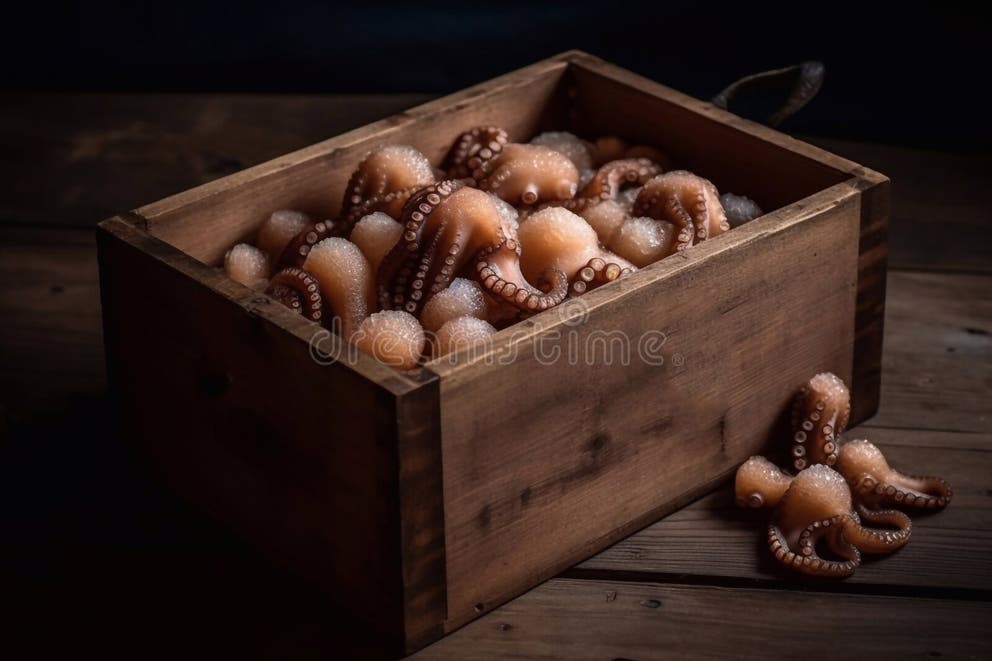 Raw Octopuses in a Box in Ice. Fresh Seafood Stock Illustration ...