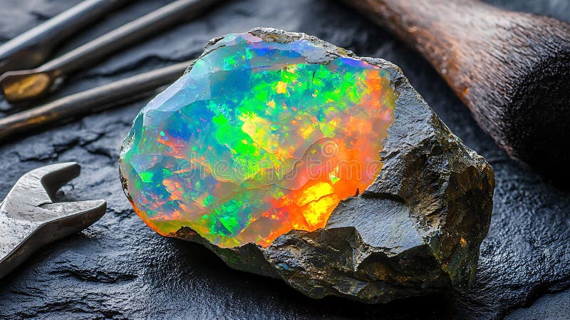Raw Opal Gemstone on Dark Surface with Mining Tools Stock Photo - Image ...