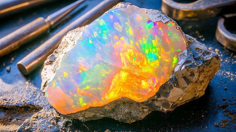 Raw Opal Gemstone in Rough Rock with Mining Tools Stock Photo - Image ...