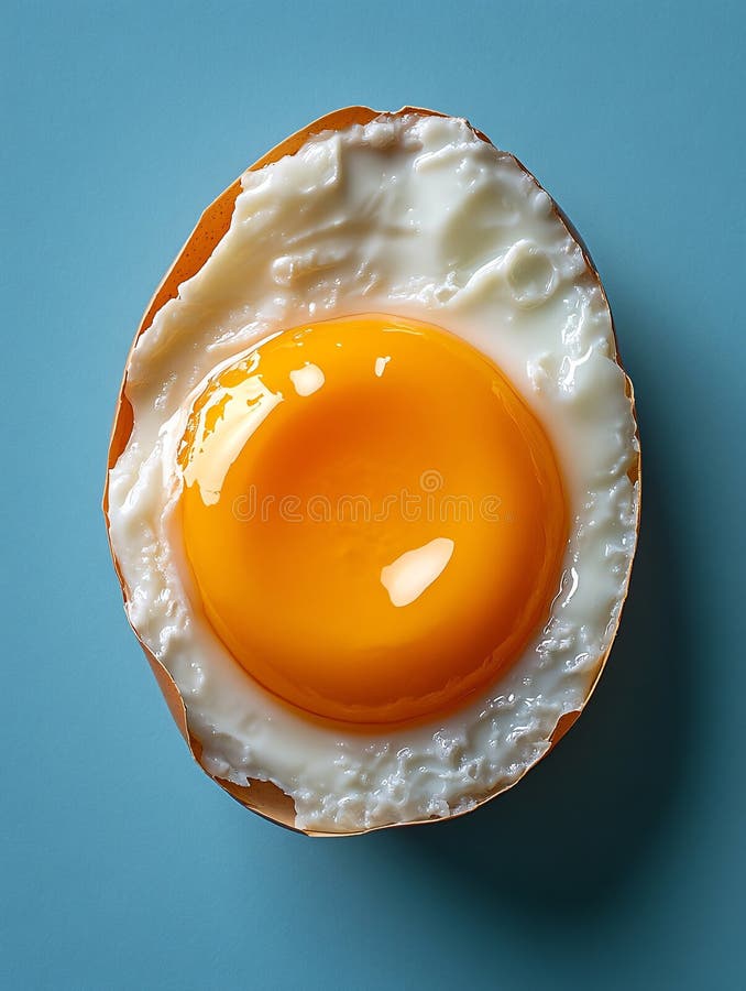 Raw Open Egg with Bright Yellow Yolk Resting on a Smooth Blue Surface ...