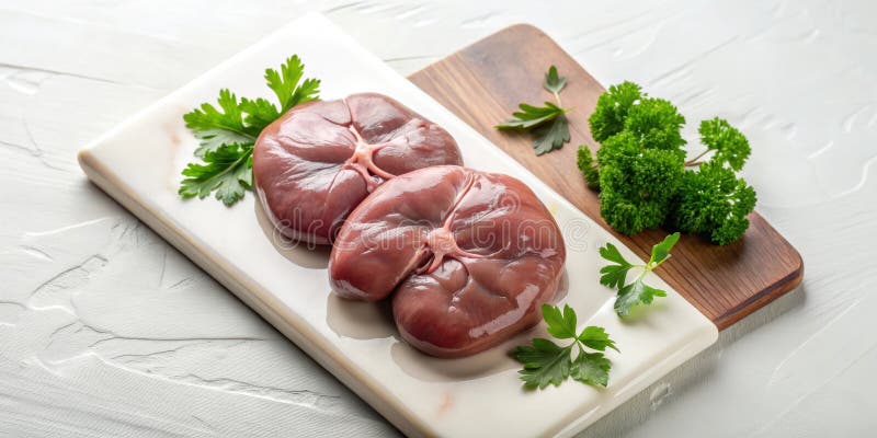 Raw Organ Meat Garnished with Fresh Parsley on a White Serving Tray ...