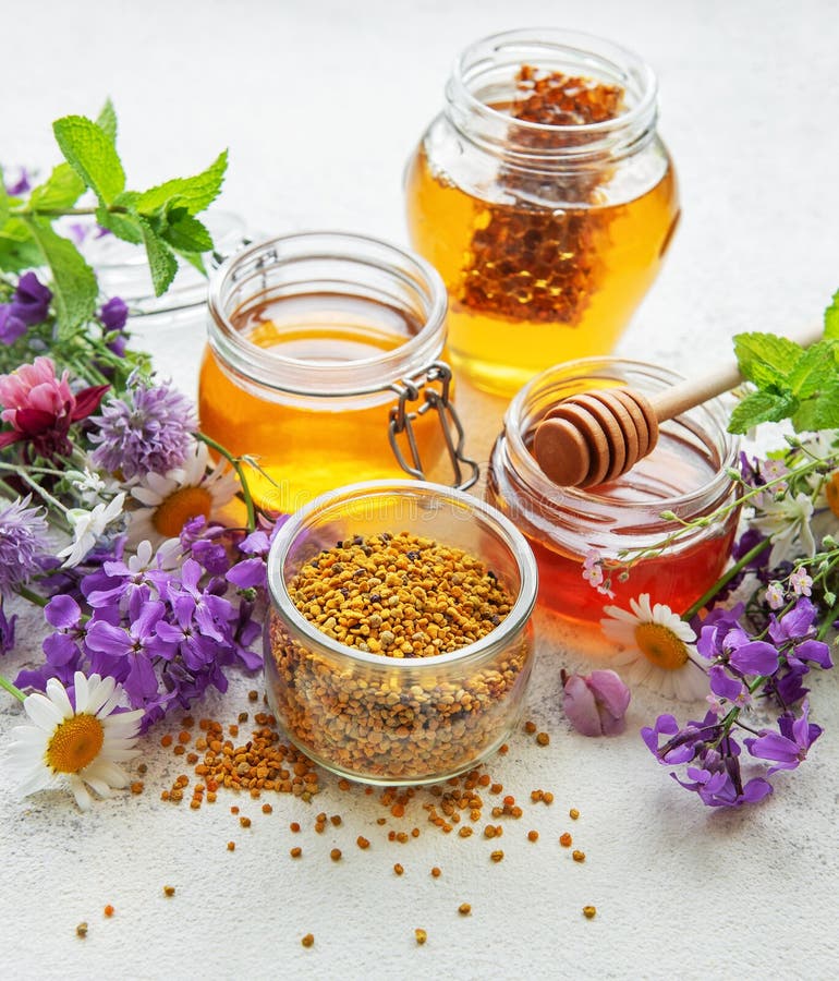 Raw Organic Bee Pollen and Honey in Jars Stock Photo - Image of dipper, herb: 321901286