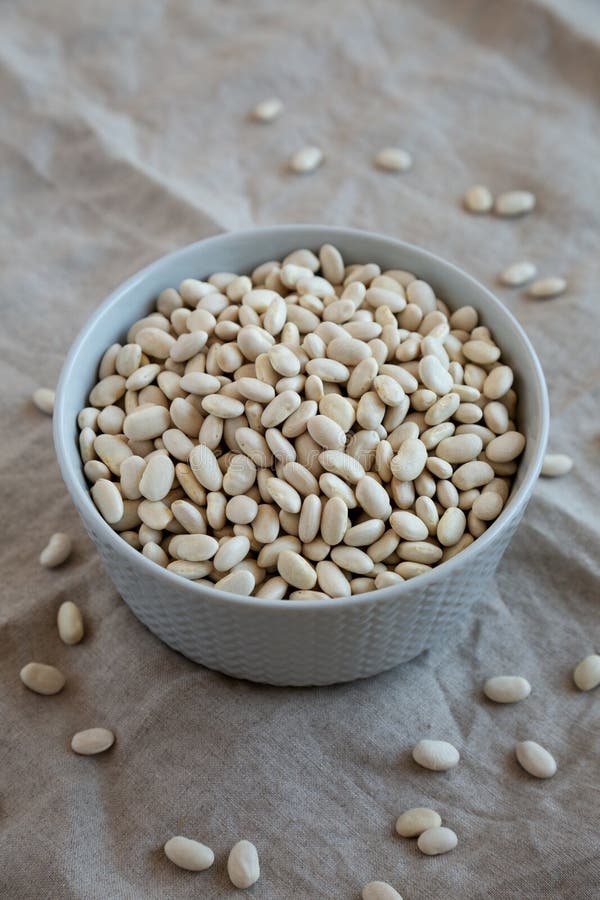 Raw Organic Dry White Beans in a Gray Bowl, Side View Stock Image ...