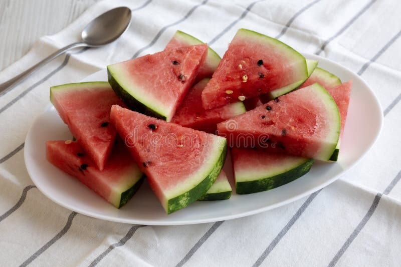 Raw Organic Watermelon Slices on a Plate, Side View Stock Image - Image ...