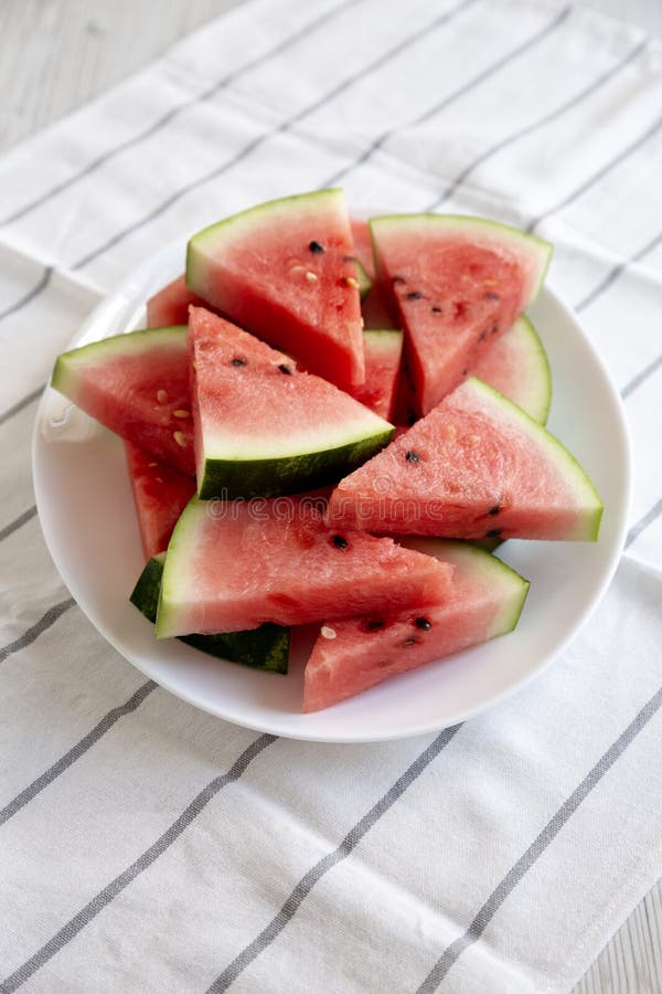 Raw Organic Watermelon Slices on a Plate, Side View Stock Image - Image ...