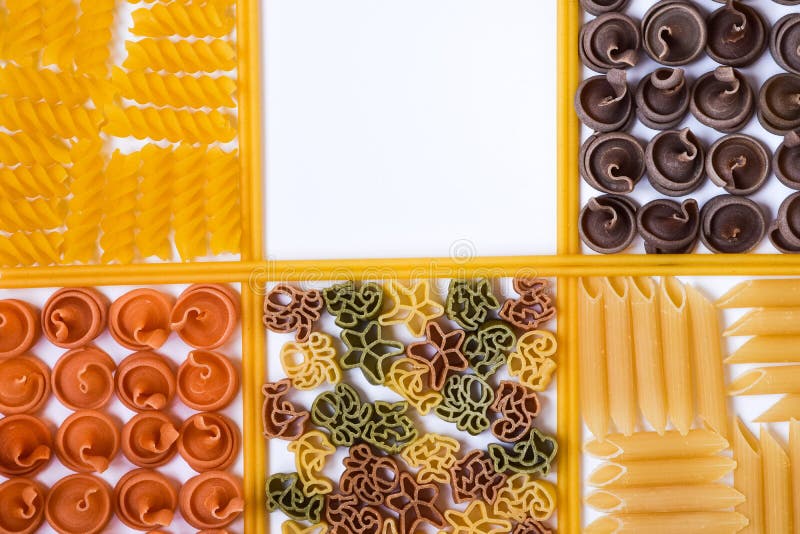 Raw Pasta of Different Varieties and Colors are Laid Out in Different ...