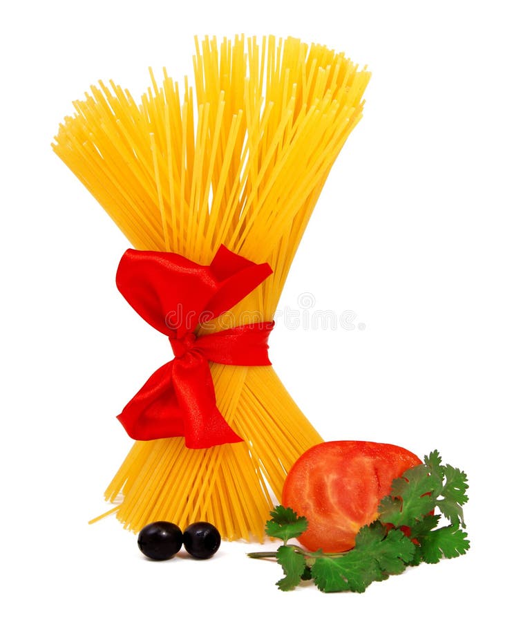 Raw Pasta with Red Ribbon and Tomato Stock Photo - Image of culture ...