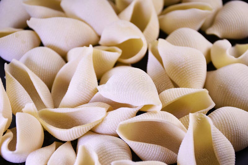 Raw Pasta in the Shape of Large Shells on a Black Background. Stock ...