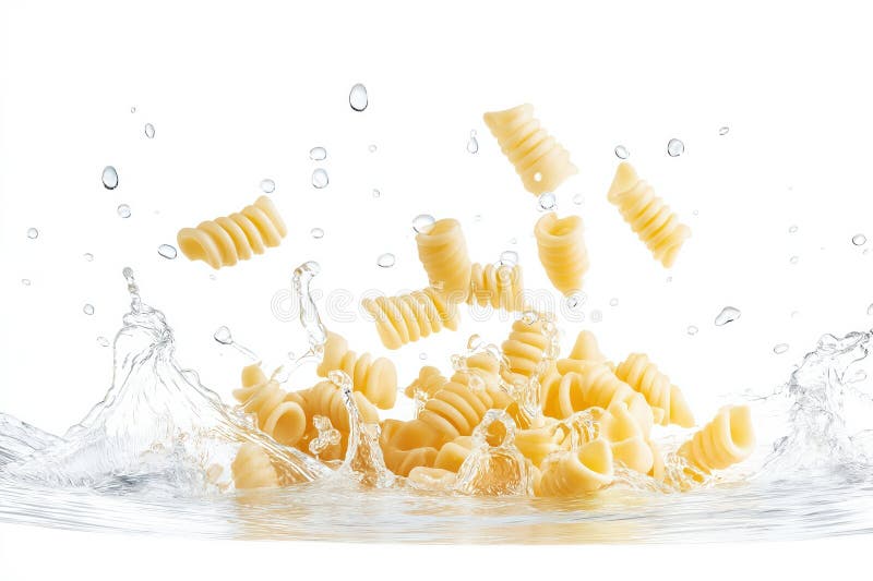 Raw Pasta Spirals Splashing into Water on White Background Stock ...