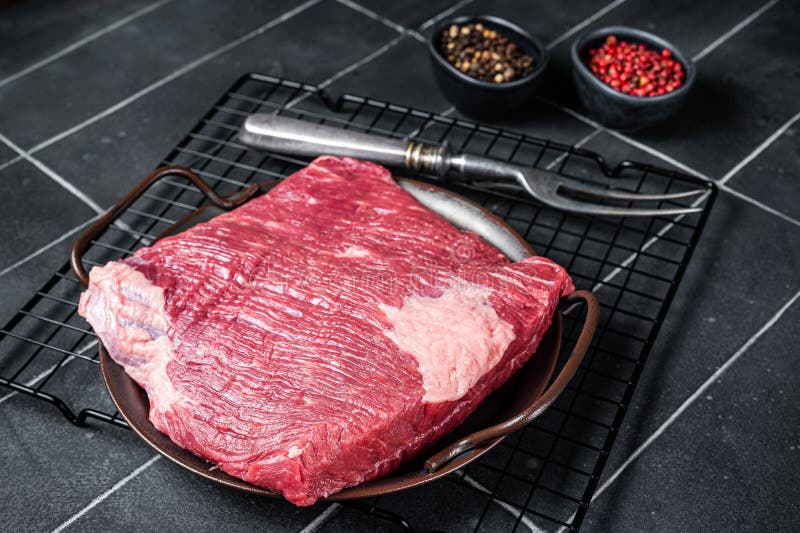 Raw Piece of Marble Beef Brisket Meat with Spices. Black Background ...