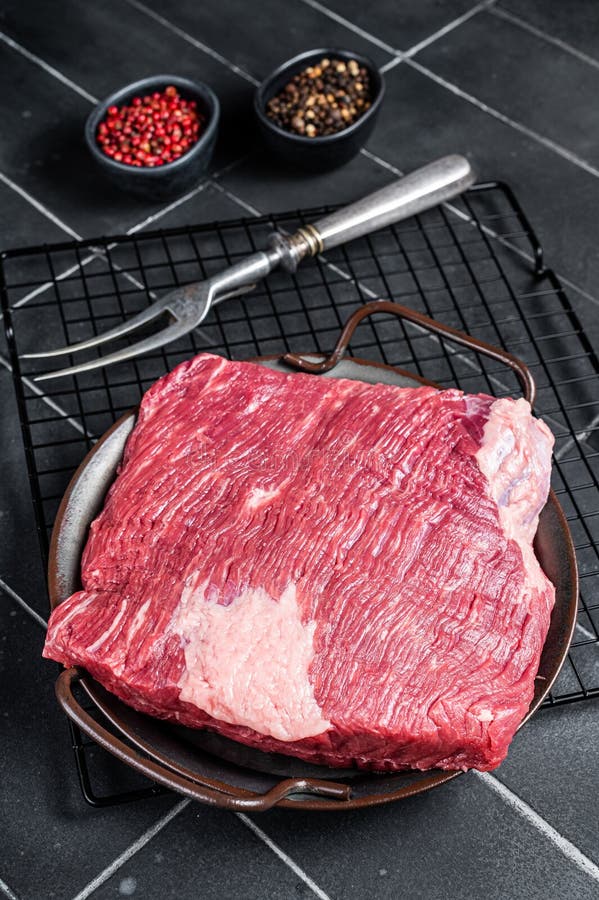 Raw Piece of Marble Beef Brisket Meat with Spices. Black Background ...