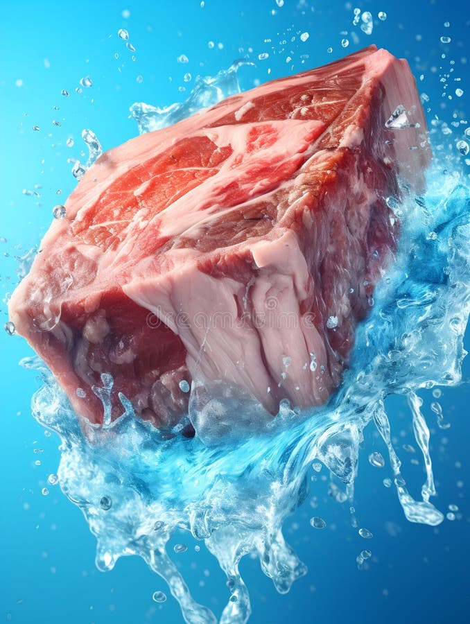 Raw Piece of Meat in Water Splash on Blue Background. 3d Rendering ...