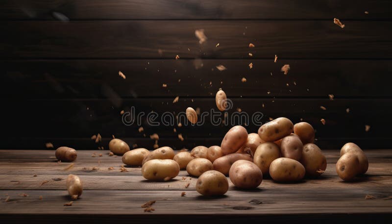 A Raw Pile of Potatoes Falling on a Wooden Table Ai, Ai Generative ...