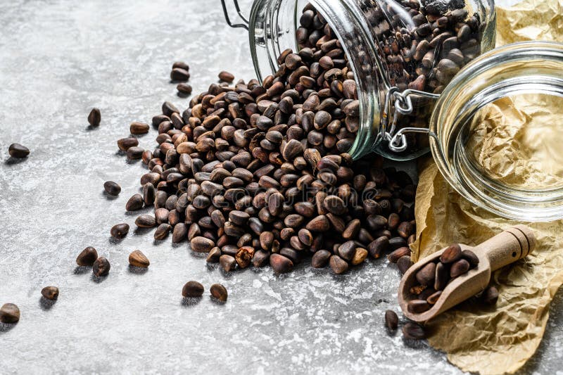 Raw Pine Nut in a Shell. Gray Background Stock Image - Image of heap ...