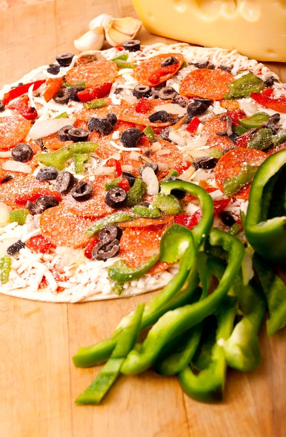 Raw Pizza with Vegetables and Pepperoni Stock Image - Image of ...