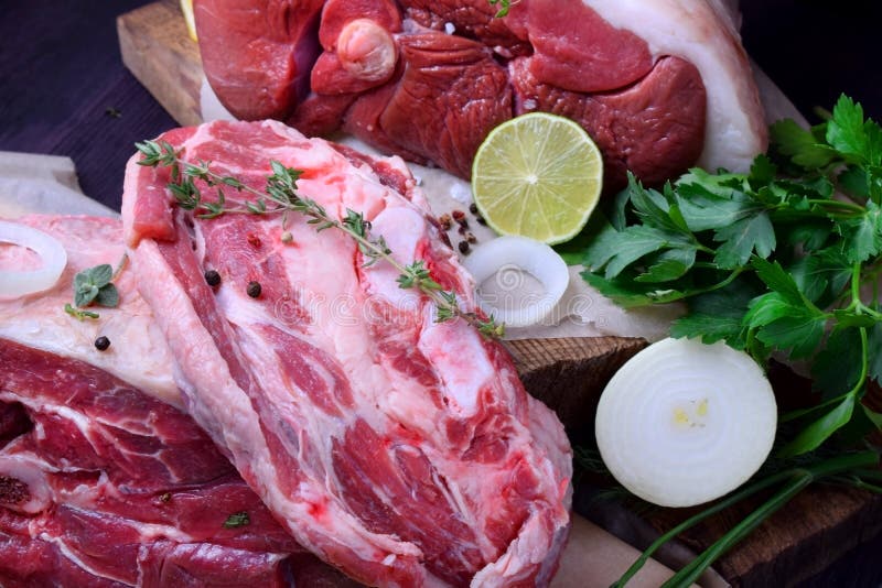 Raw pork, beef and mutton stock image. Image of cuisine - 141993221
