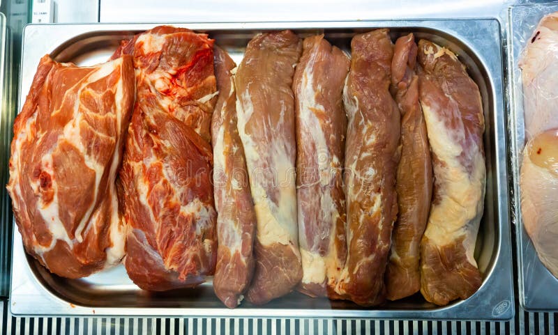 Raw Pork on Display in Butcher Shop Stock Image - Image of meal ...