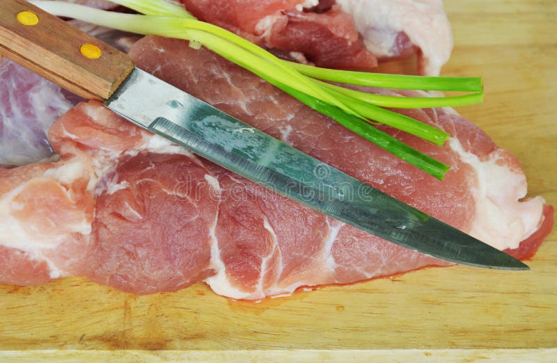 Raw Pork and Kitchen Knife on Wooden Chop Block Stock Image - Image of ...