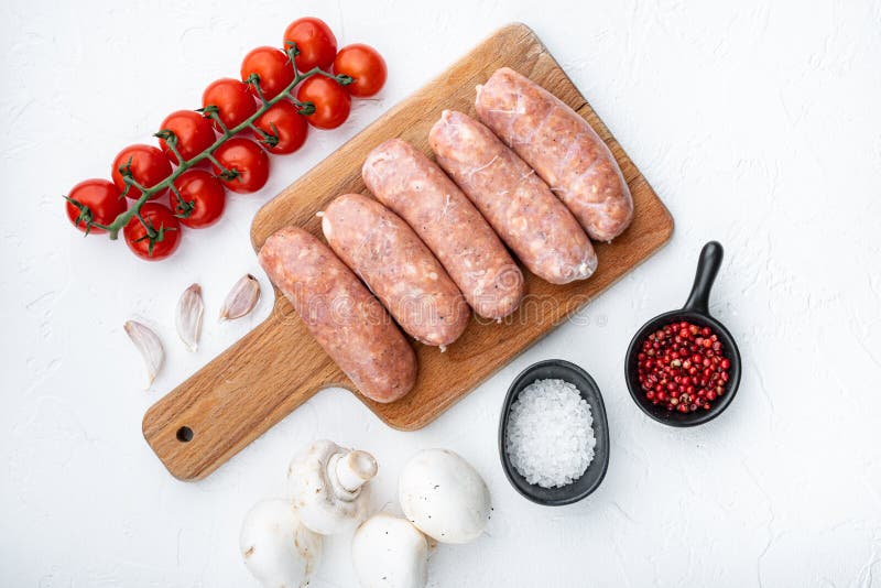 Raw Pork Sausages, Top View, on White Background Stock Image - Image of ...