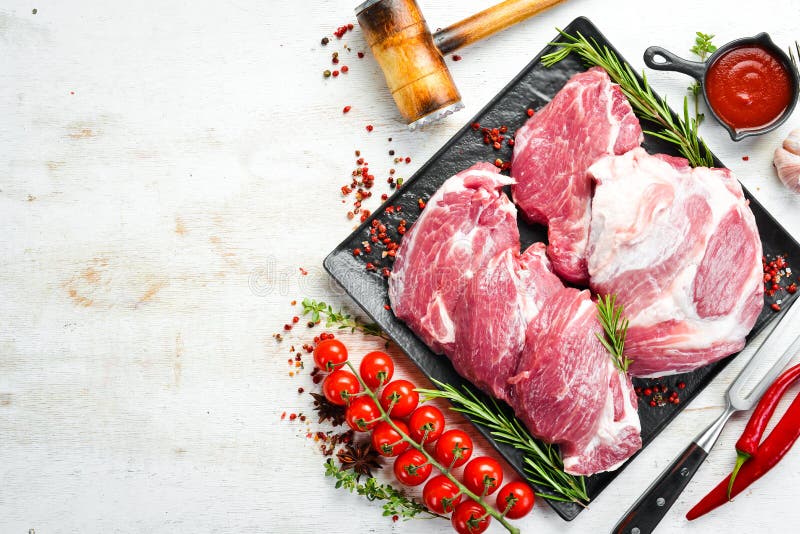 Raw Pork Steak with Spices. Meat. Top View Stock Photo - Image of ...