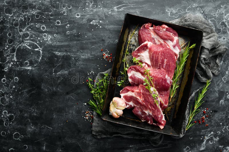Raw Pork Steak with Spices. Meat. Top View Stock Photo - Image of ...
