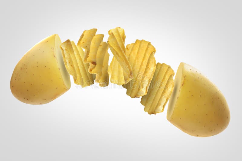 Raw Potato Turning into Tasty Crispy Chips in Air on Light Background ...