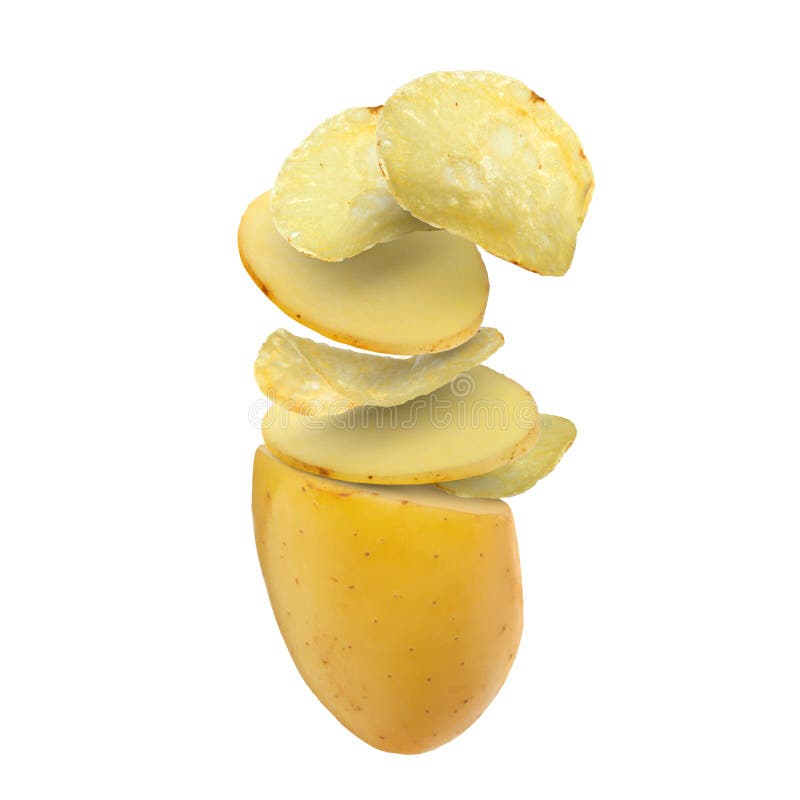 Raw Potato Turning into Tasty Crispy Chips in Air on White Background ...