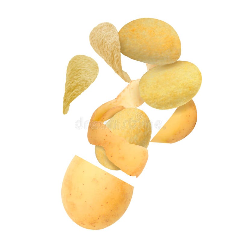 Raw Potato Turning into Tasty Crispy Chips in Air on White Background ...
