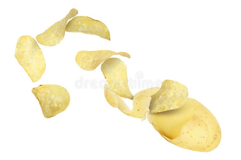 Raw Potato Turning into Tasty Crispy Chips in Air on White Background ...